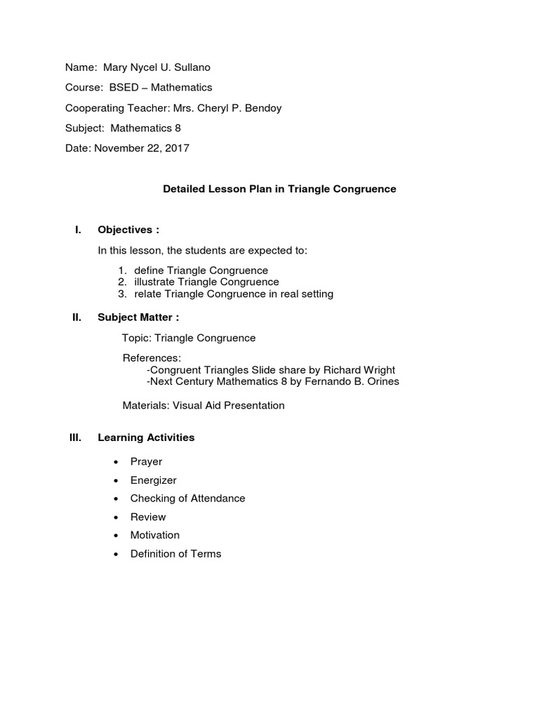Triangle Congruence Lesson Plan | PDF | Classical Geometry | Triangle