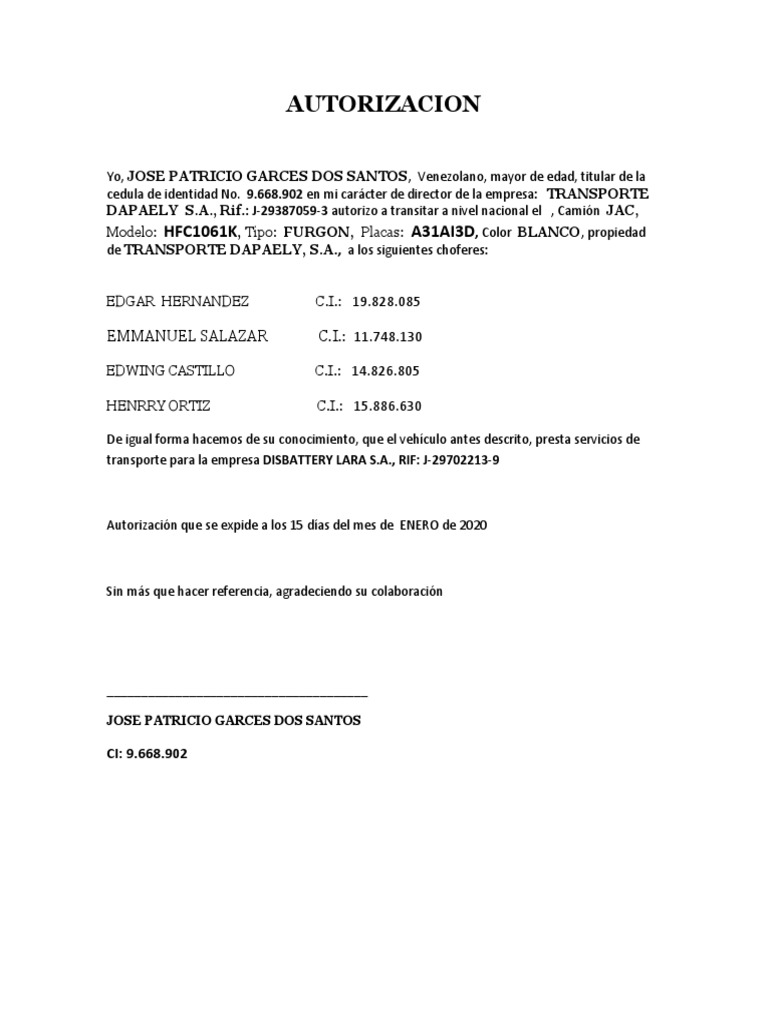 Autorizacion para Camiones | PDF | Transporte | Business