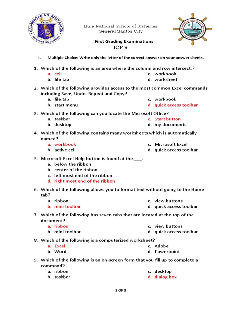 ICF 1st Grading Exams Answer Key | PDF | Microsoft Excel | Graphical User Interfaces
