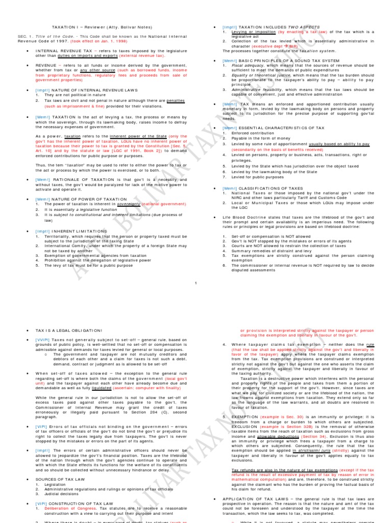 Tax 1 Reviewer Atty. Bolivar Notes | PDF | Taxation In The United ...
