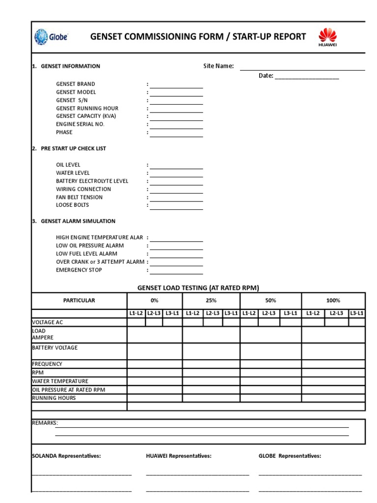 Genset Commissioning Form Start Up Report | PDF