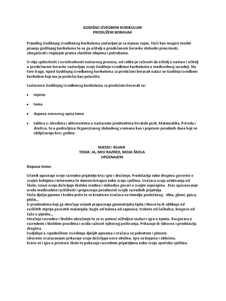 GODIŠNJI IZVEDBENI KURIKULUM - Produženi Boravak | PDF
