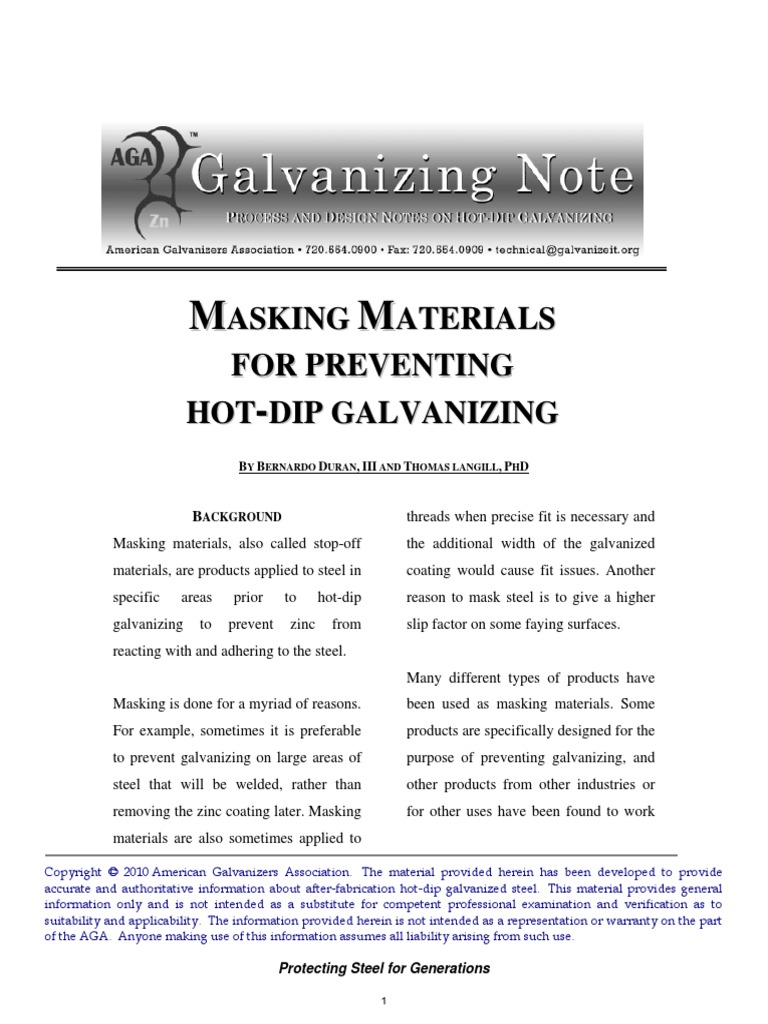 Masking Materials For Preventing Hot-Dip Galvanizing, Bernardo Duran ...