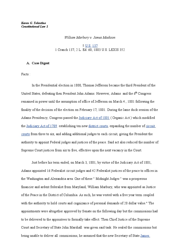 Marbury v. Madison Case Overview | PDF | Marbury V. Madison | Supreme ...