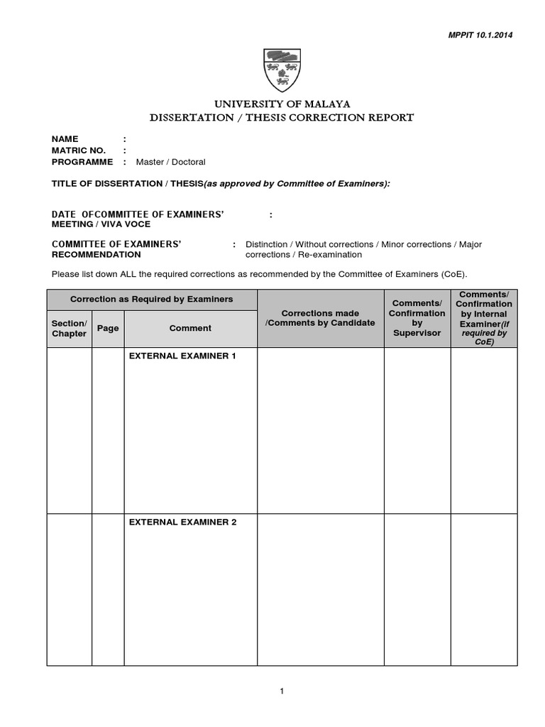 Thesis or Dissertation Correction Report Form | PDF | Thesis ...