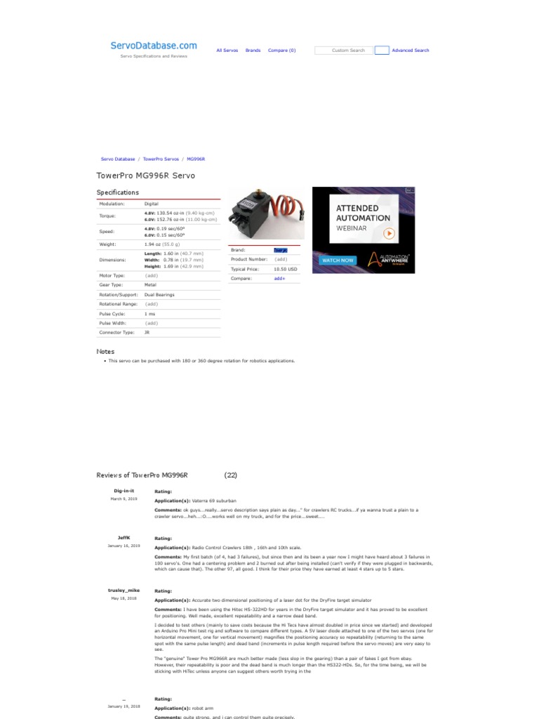 MG996R Servo Datasheet | PDF | Manufactured Goods