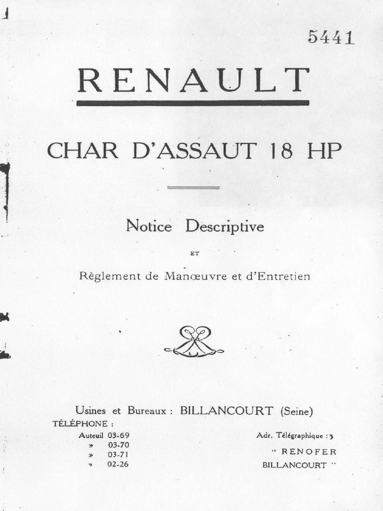 Notice Descriptive Du Char D Assaut Renault 18 HP France Avril 1918 PDF ...