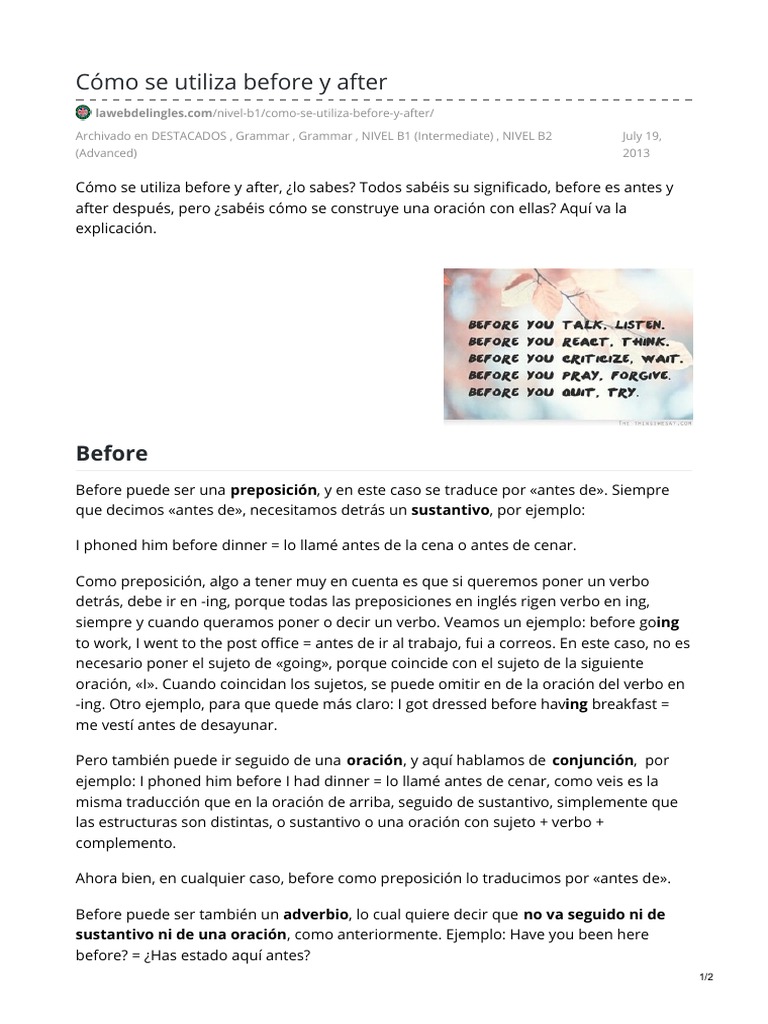 CÃ Mo Se Utiliza Before y After | PDF | Asunto (gramática) | Oración ...