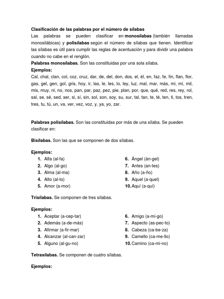Clasificación de Las Palabras Por El Número de Sílabas | PDF | Naturaleza