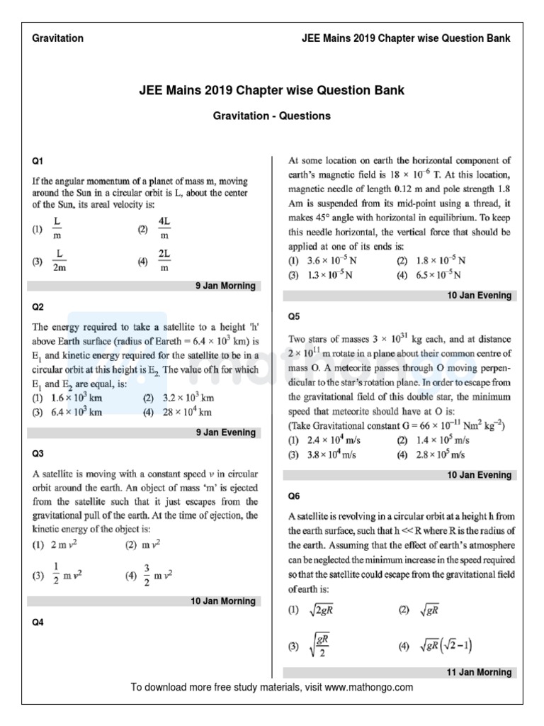 CQB Physics Jee Main 2019 Gravitation PDF | PDF | National Football League Teams Seasons