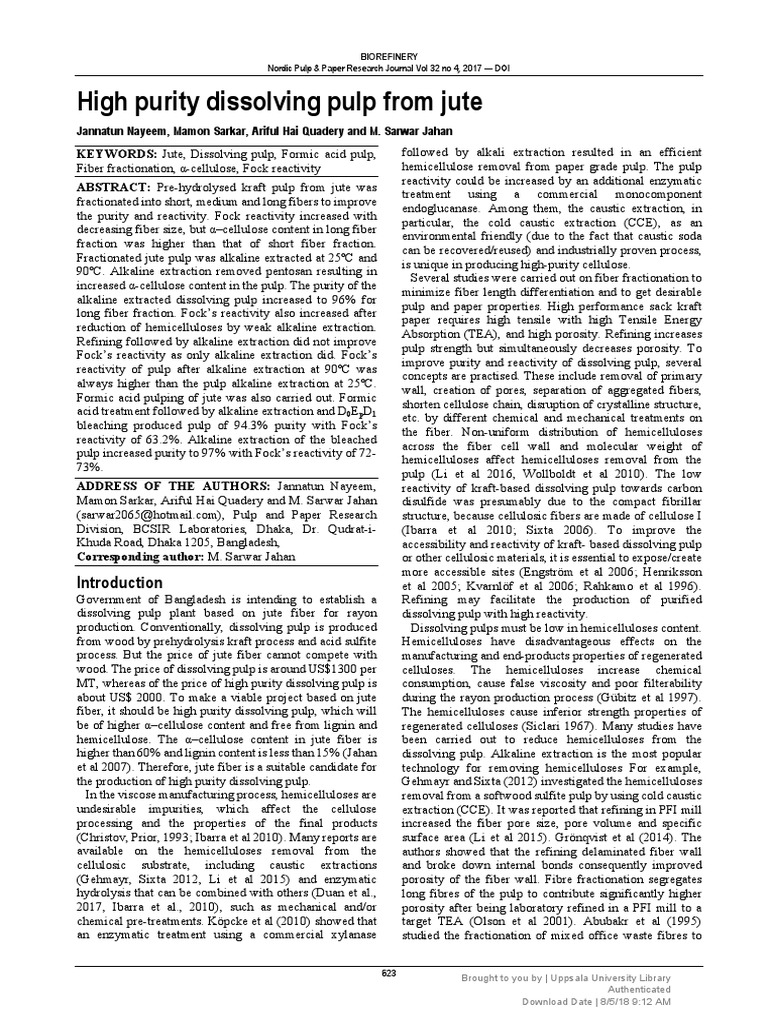 Production of Dissolving Pulp From Jute | PDF | Pulp (Paper) | Cellulose