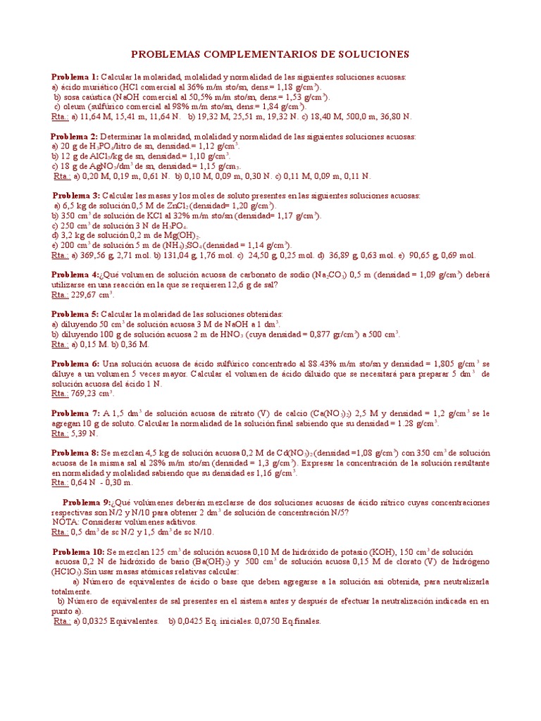 Problemas Complementarios de Soluciones | PDF | Concentración | Ciencias fisicas
