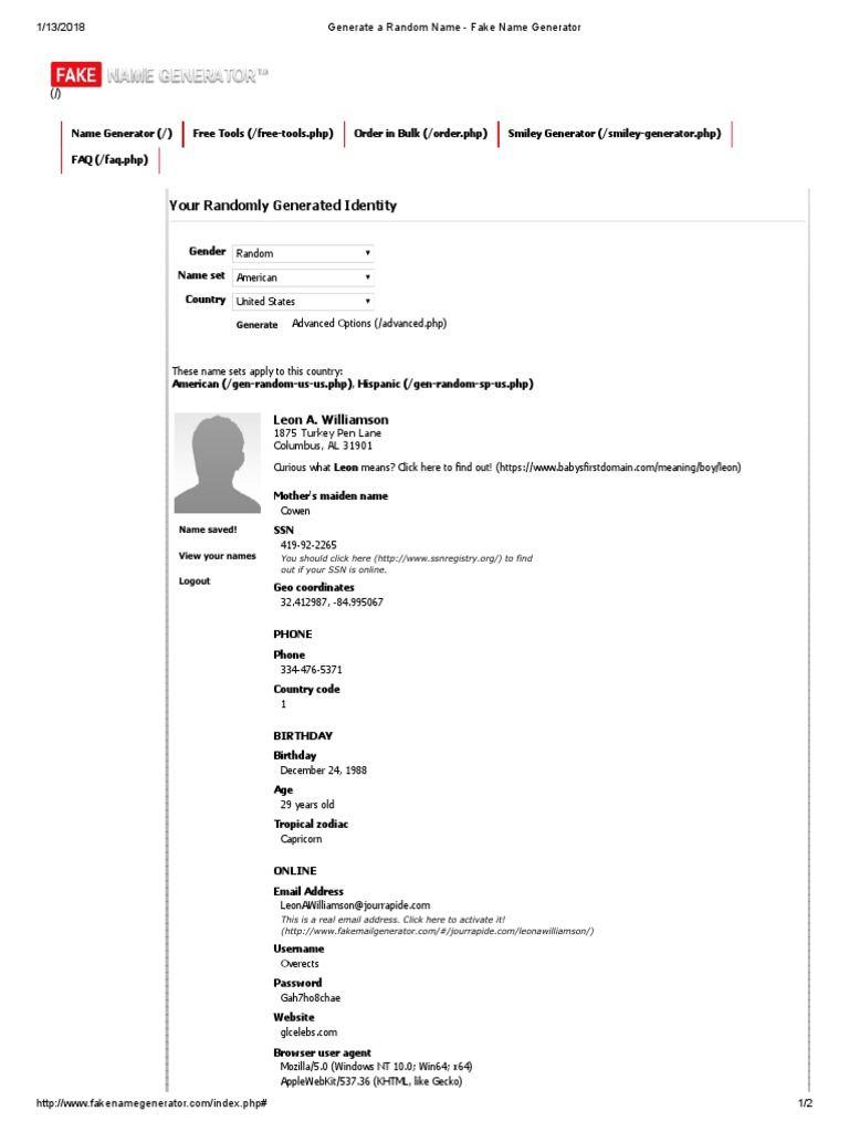 Fake Name Generator - Leon A. Williamson | PDF | Cyberspace | Computing