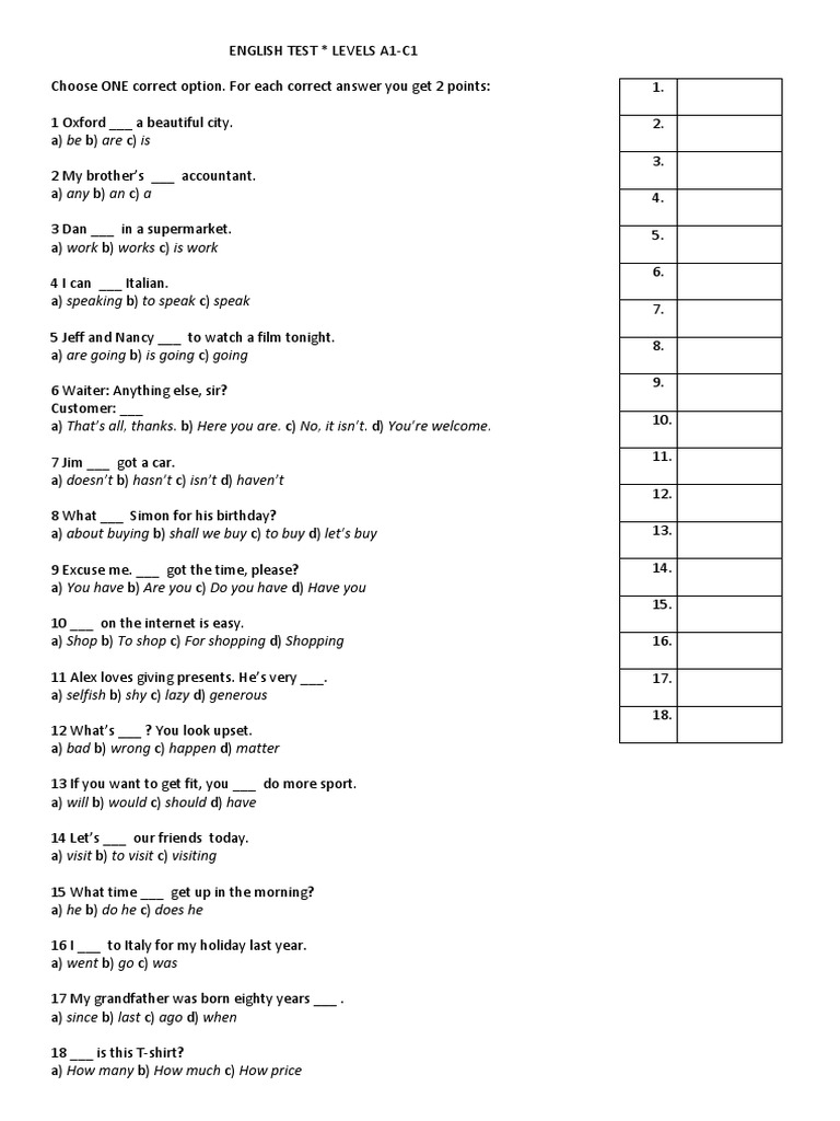 English Test: Levels A1-C1 | PDF