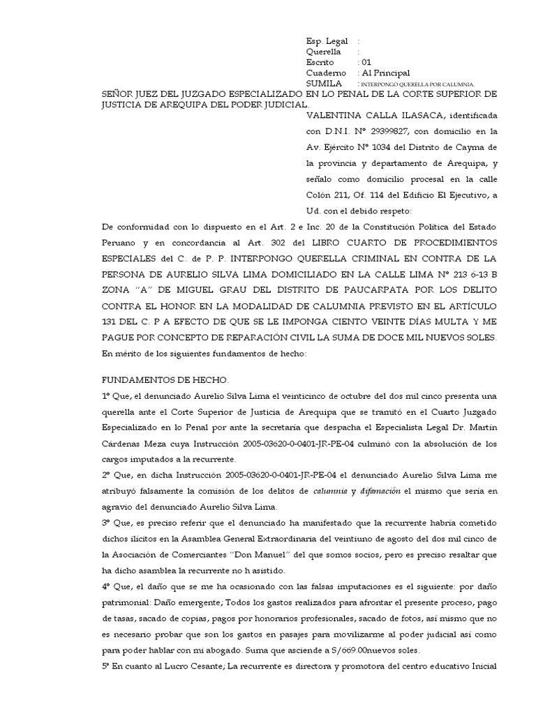 Denuncia de Querella Por El Delito de Calumnia | PDF | Queja | Procedimiento legal