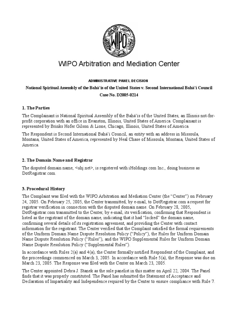 WIPO Arbitration and Mediation Center: 1. The Parties | PDF | Domain ...