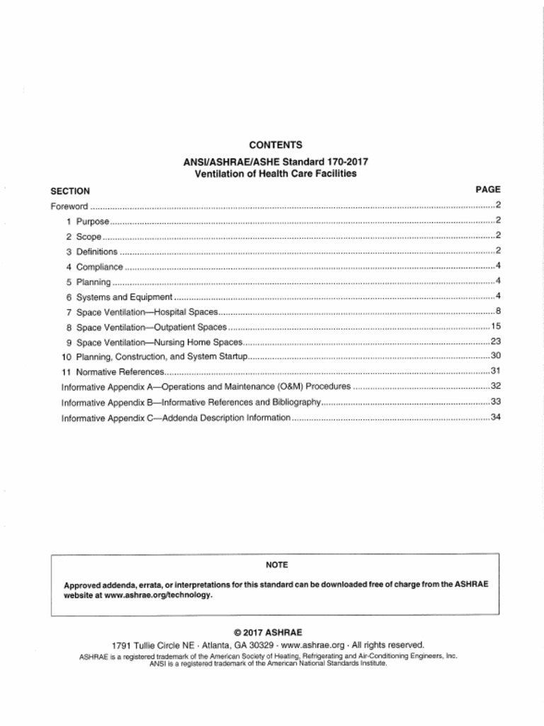 Ashrae-170-2017 Ventilation of Health Care Facilities | PDF