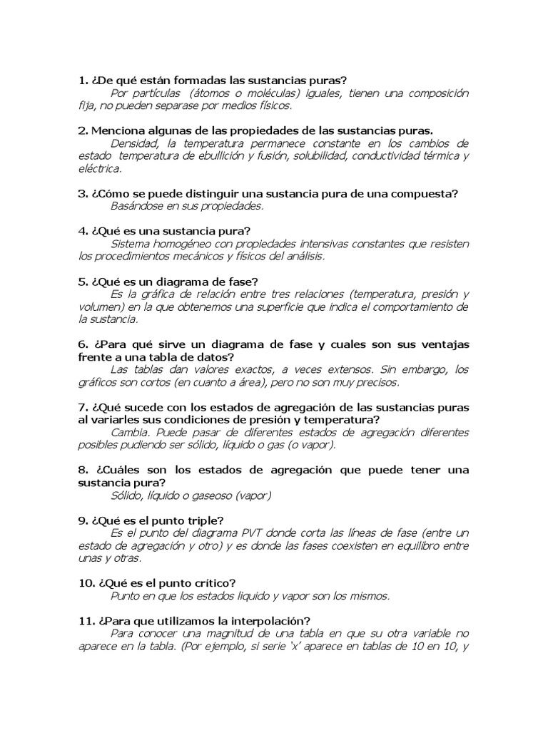 Cuestionario Sustancias Puras Resuelto | PDF | Líquidos | Fase (materia)