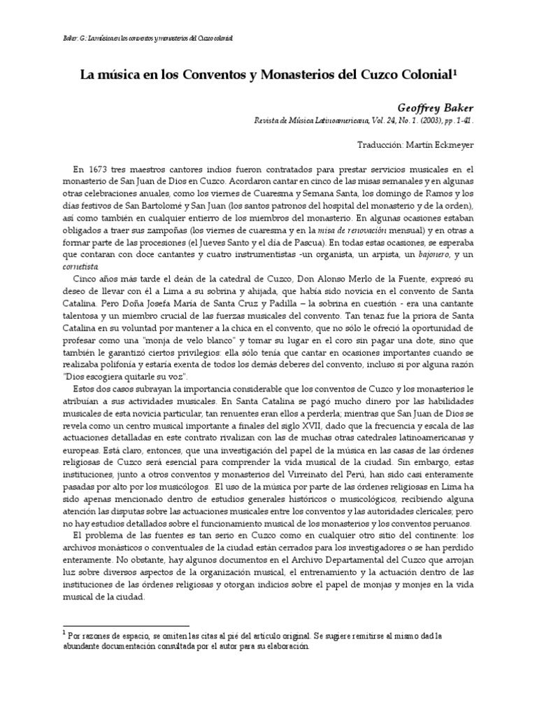 Música en conventos del Cuzco colonial | PDF | Monasterio | Misa (liturgia)
