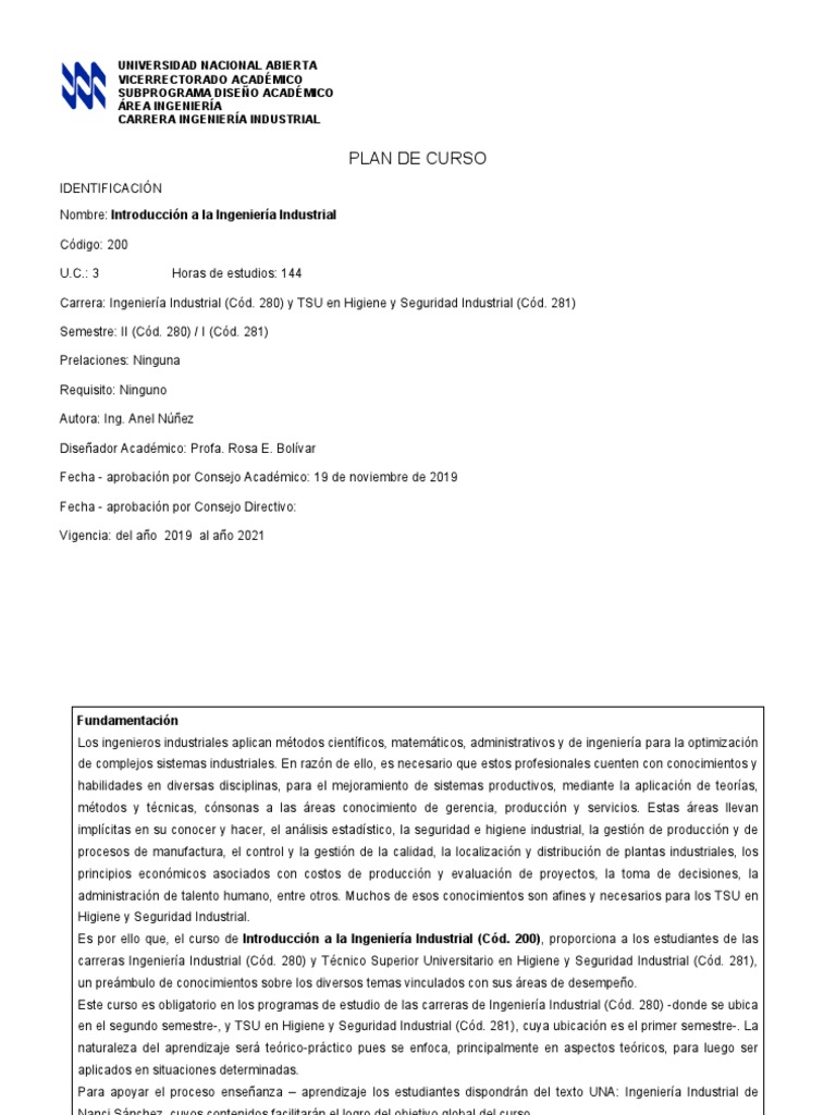 200 Plan de Curso PDF | PDF | Ingeniería Industrial | Ingeniería