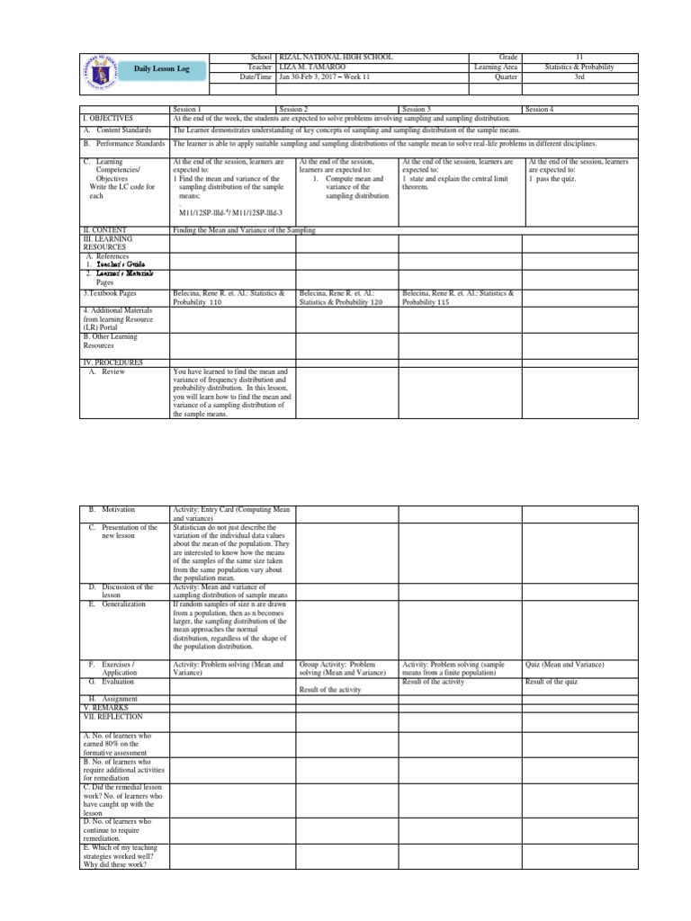 DAILY LESSON LOG - Stat Week LL | PDF | Mean | Variance
