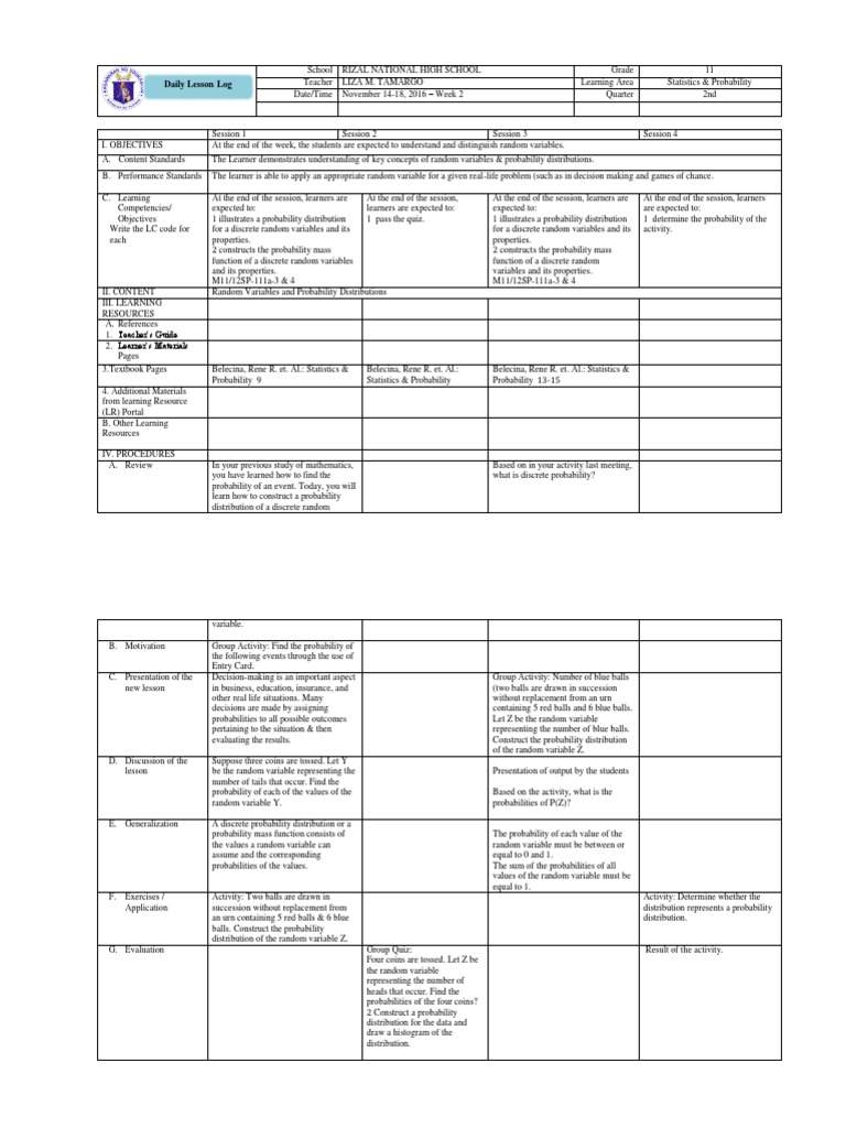 DAILY LESSON LOG - Stat Week 2 | PDF | Probability Distribution ...