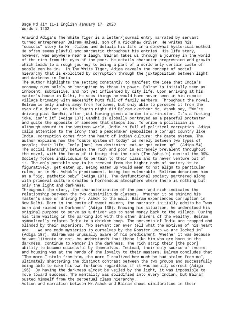 The White Tiger Analysis | PDF
