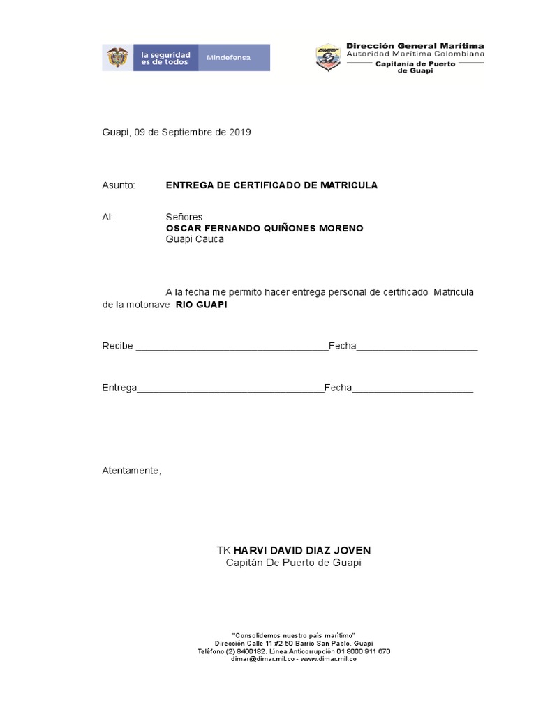 Modelo Entrega de Certificado de Matricula | PDF