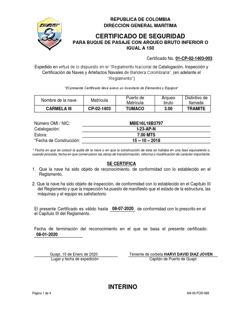 Certificado de Seguridad CARMELA III | PDF | Embarcación | Buques