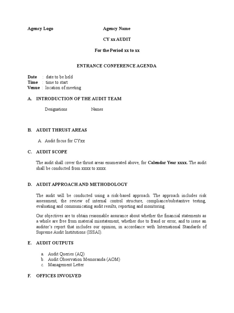 Entrance Conference Agenda Template - Audit Team | PDF | Internal ...