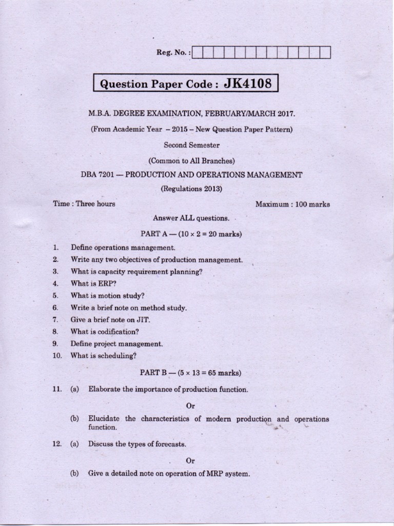 Production and Operation Management Question Paper PDF | PDF