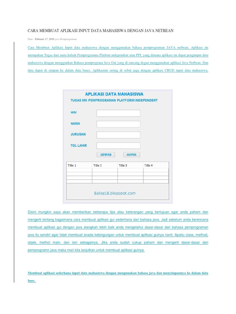 Cara Membuat Aplikasi Input Data Mahasiswa Dengan Java Netbean | PDF