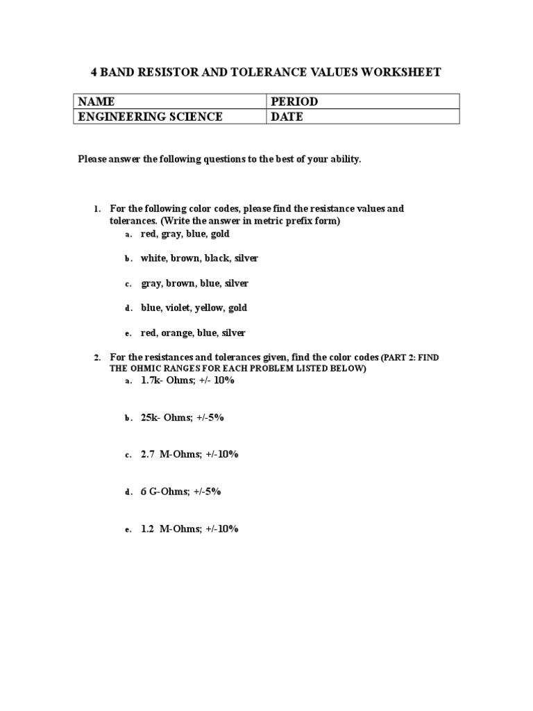 Resistor Color Codes Worksheet: Determining Resistance Values and ...