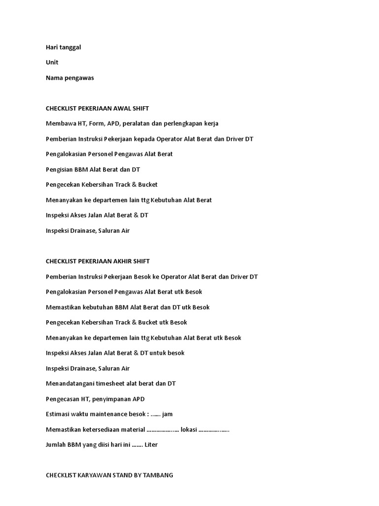Checklist Shift Operator Alat Berat | PDF | Hukum