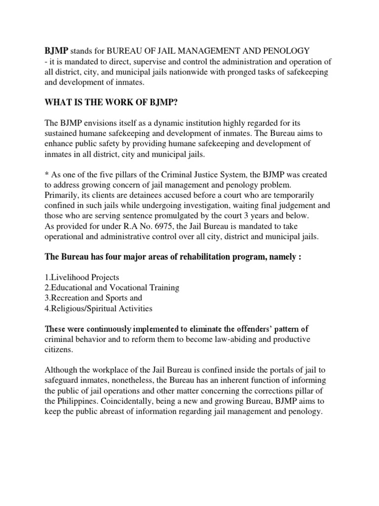 BJMP Bureau of Jail Management and Penology | PDF | Rehabilitation ...