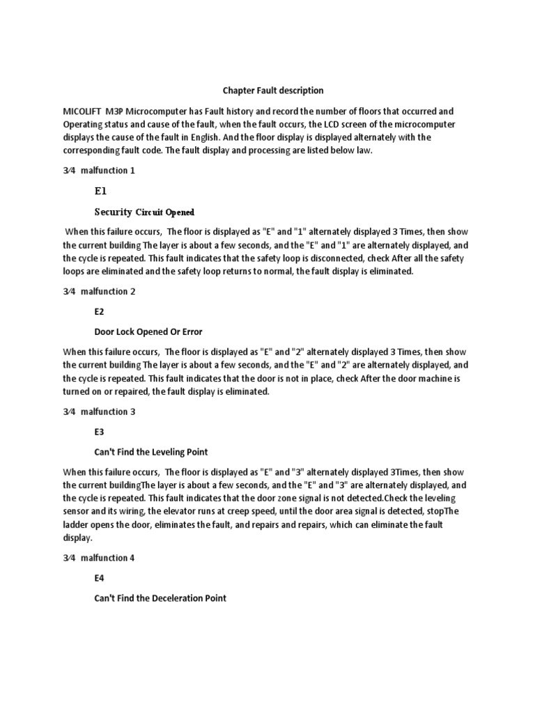 MICOLIFT M3P Fault Codes Guide | PDF | Elevator | Electricity