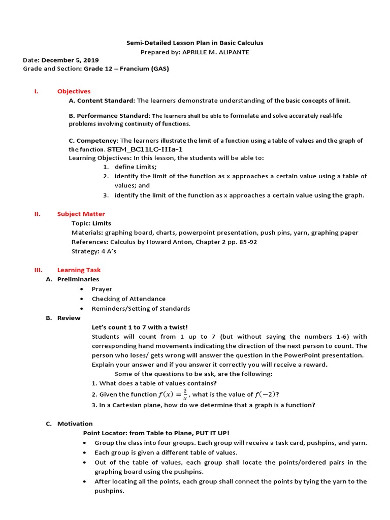 Lesson Plan in BASIC CALCULUS (Limits) by APRILLE ALIPANTE | PDF ...
