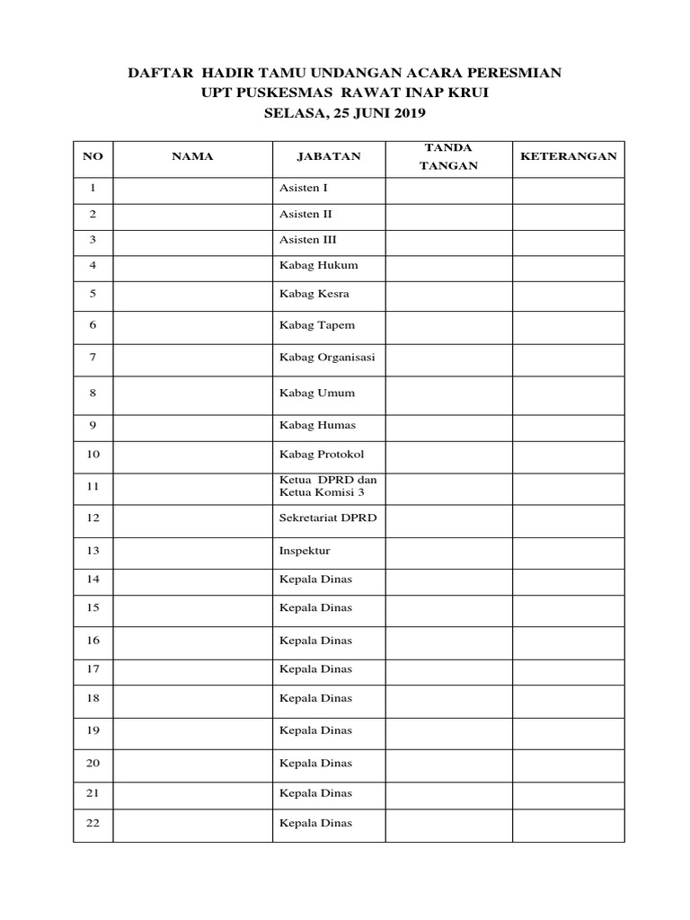 Daftar Hadir Tamu Undangan Acara Peresmian | PDF