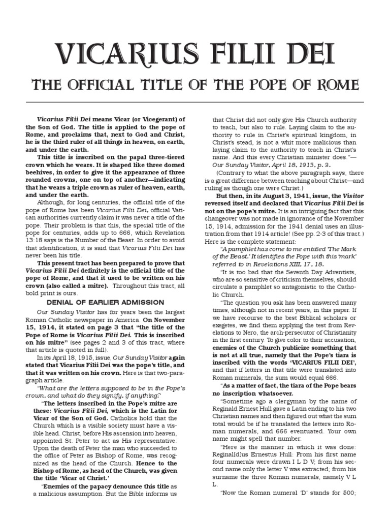 Documento×vicarivs Filii Dei The Official Title of The Pope of Rome ...