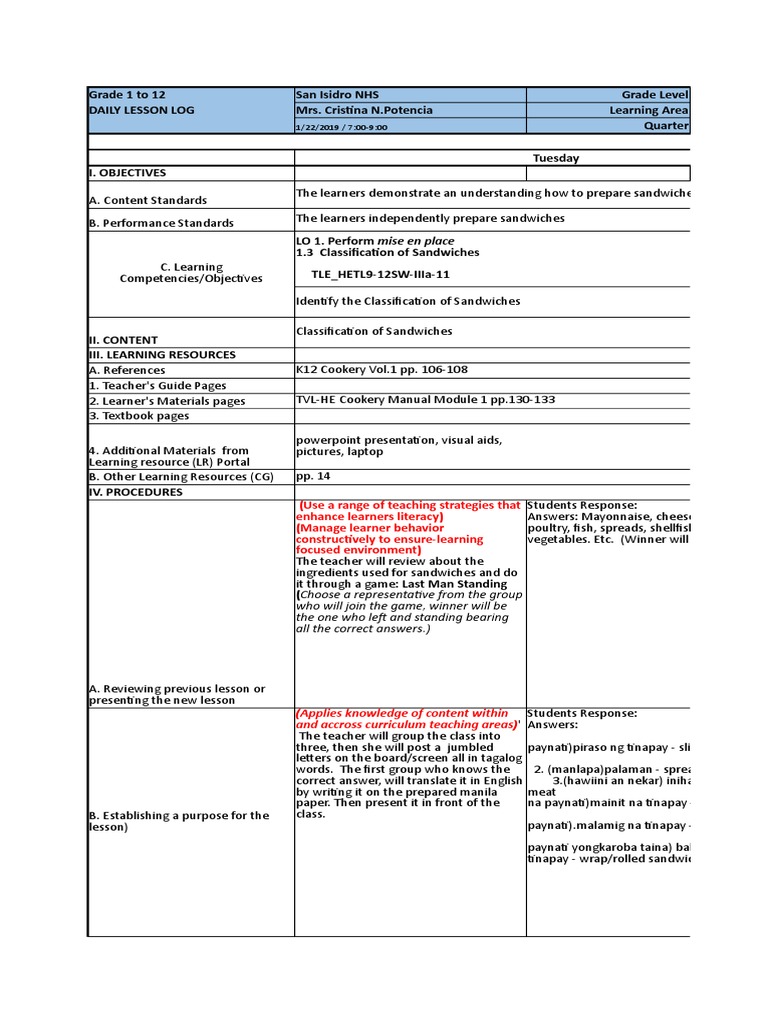 DLL Cot1 | PDF | Sandwich | Teachers