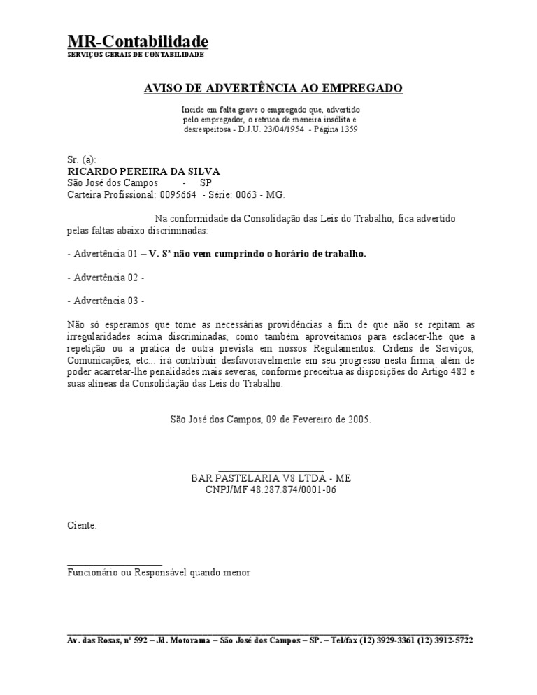 Aviso De Advertência A Funcionário Por Descumprimento De Horário De