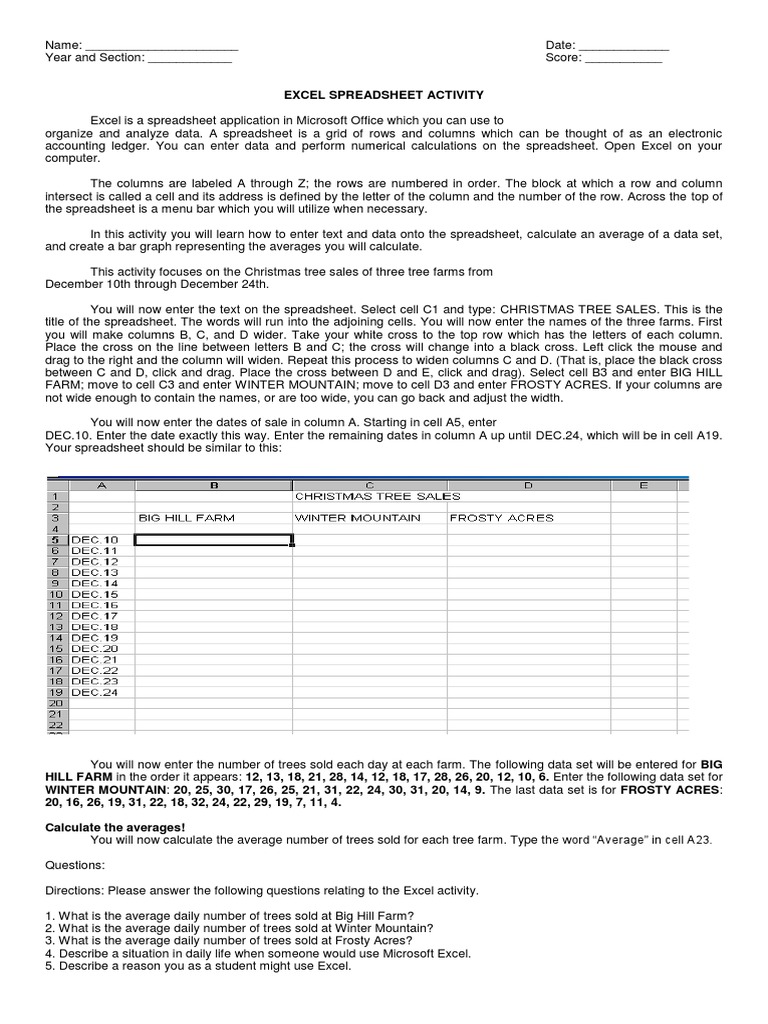 Excel Spreadsheet Activity | Pdf | Spreadsheet | Microsoft Excel