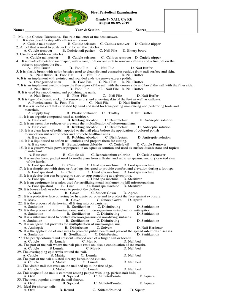 Beauty Care - Test Questionnaire | PDF | Nail (Anatomy) | Disinfectant