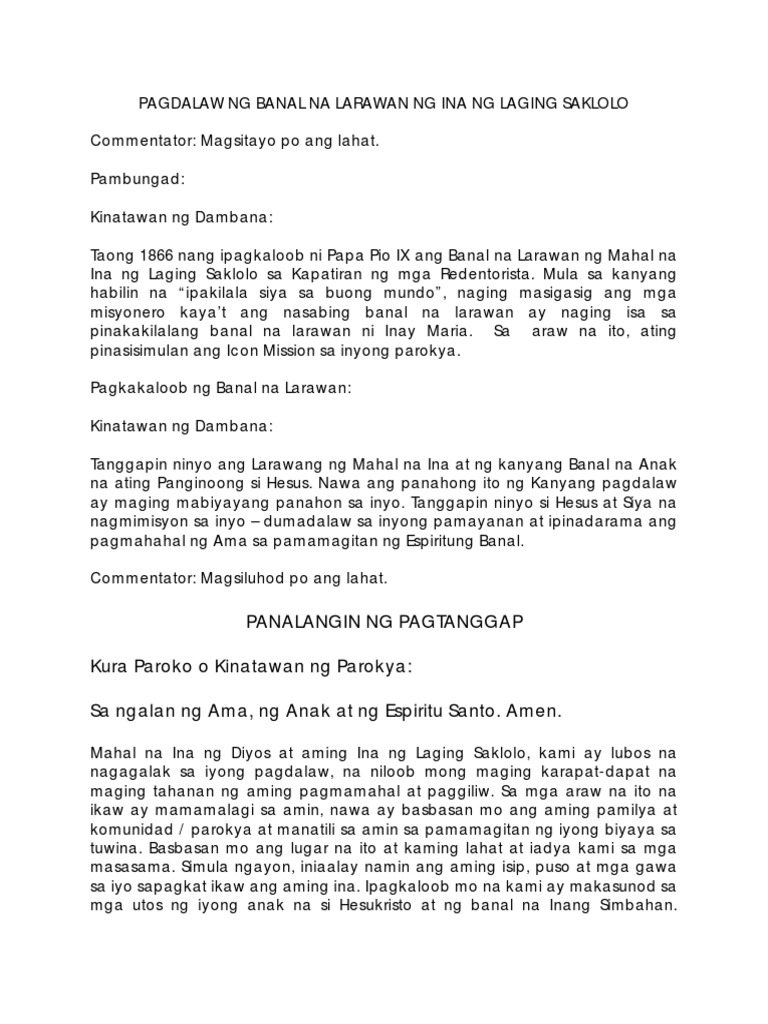 Pagdalaw NG Banal Na Larawan NG Ina NG Laging - Saklolo | PDF