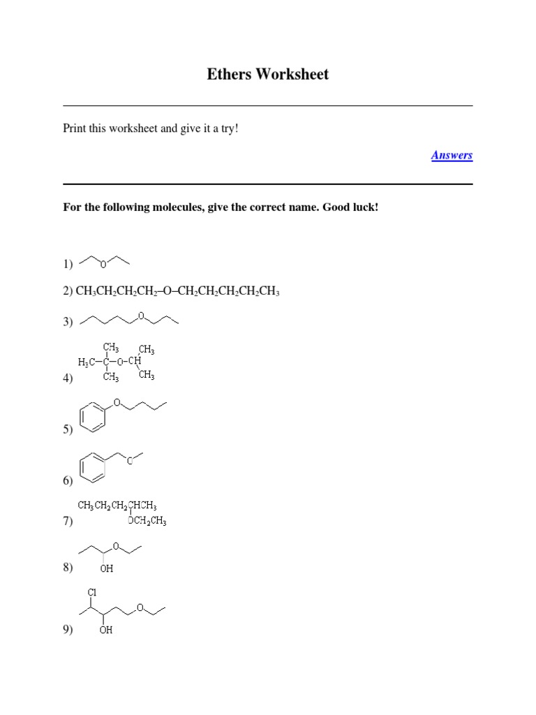 Worksheets On Naming Ethers | PDF