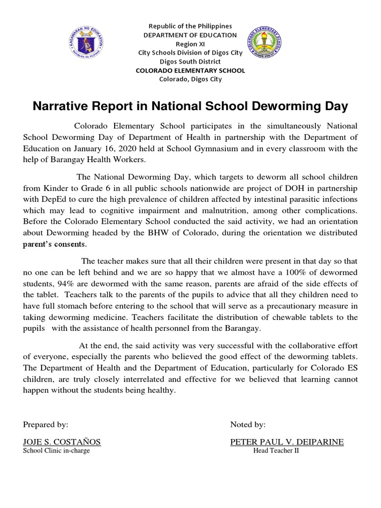 Narrative Report in National School Deworming Day | PDF | Teachers ...