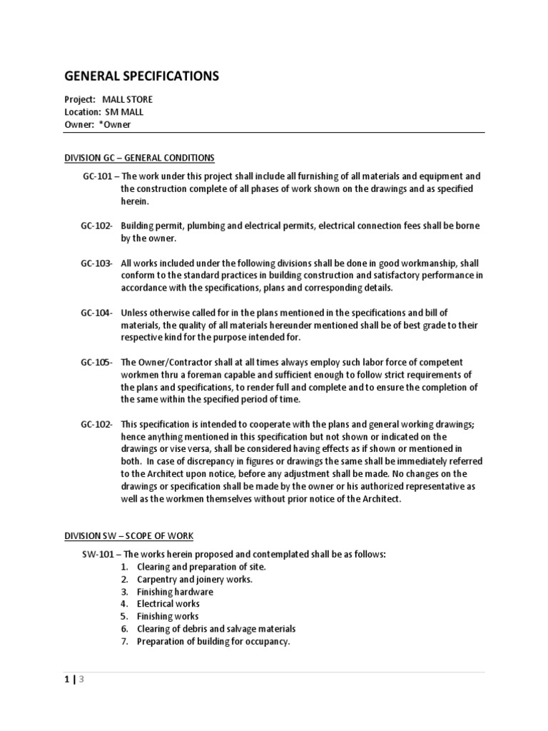 General Specifications for the Construction of a Mall Store Project ...
