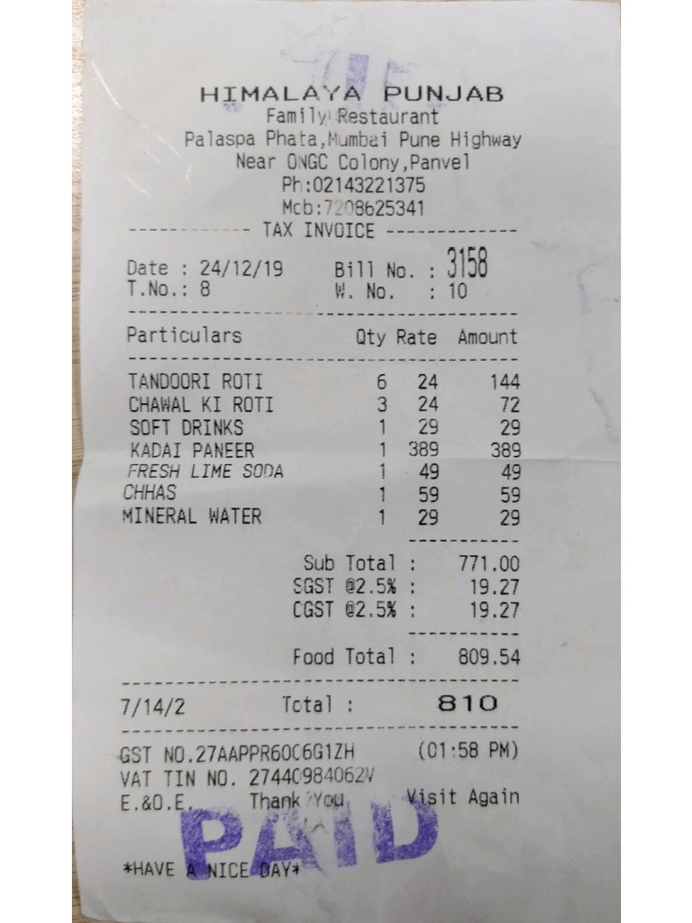 Panvel RO Food Bill | PDF