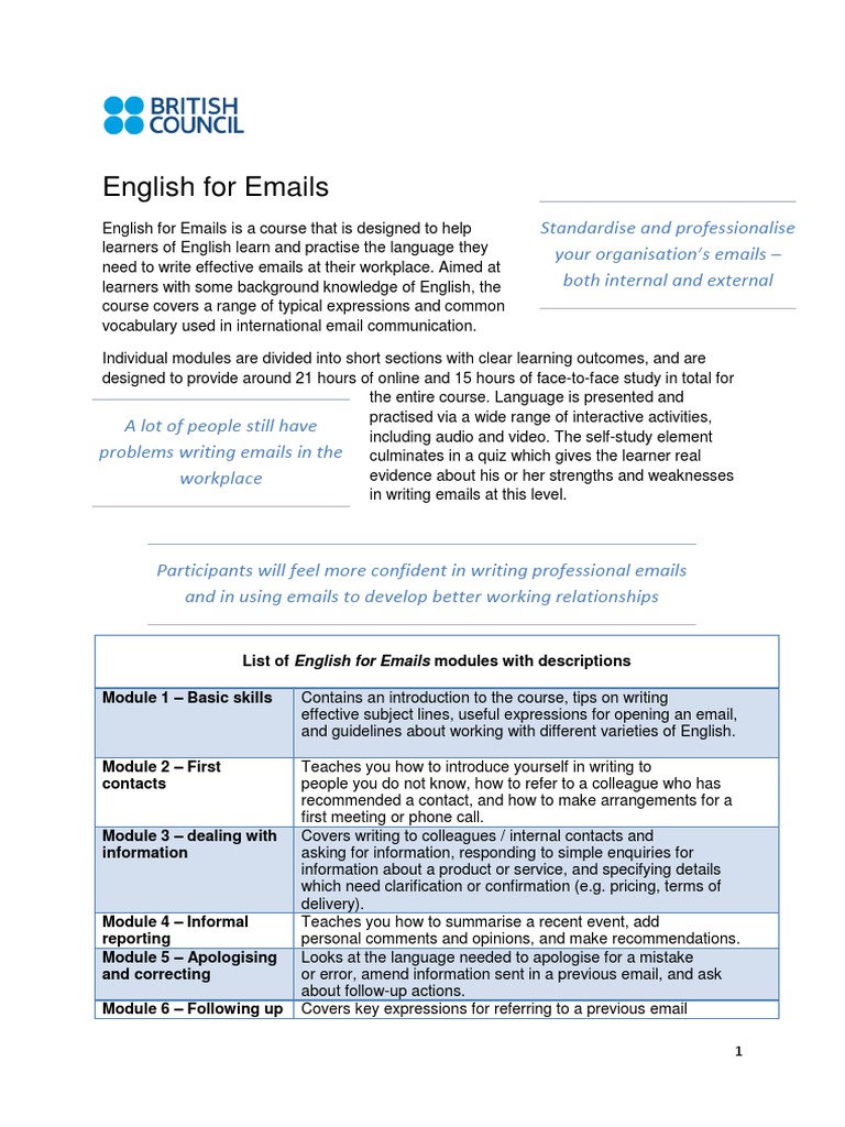 English for Emails Course Overview | PDF | English Language | Learning
