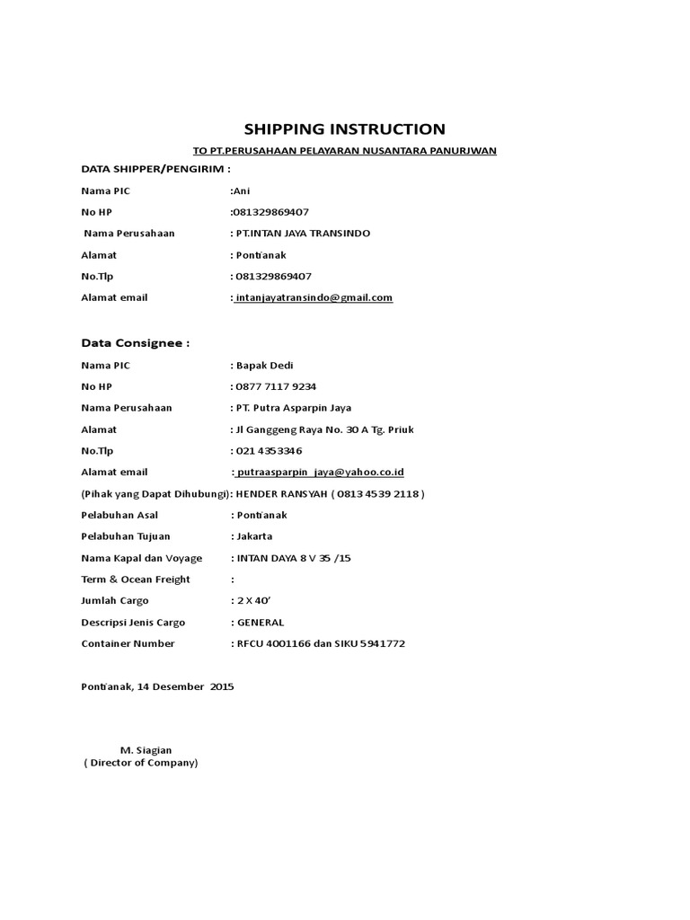 SHIPPING INSTRUCTION Sample | PDF